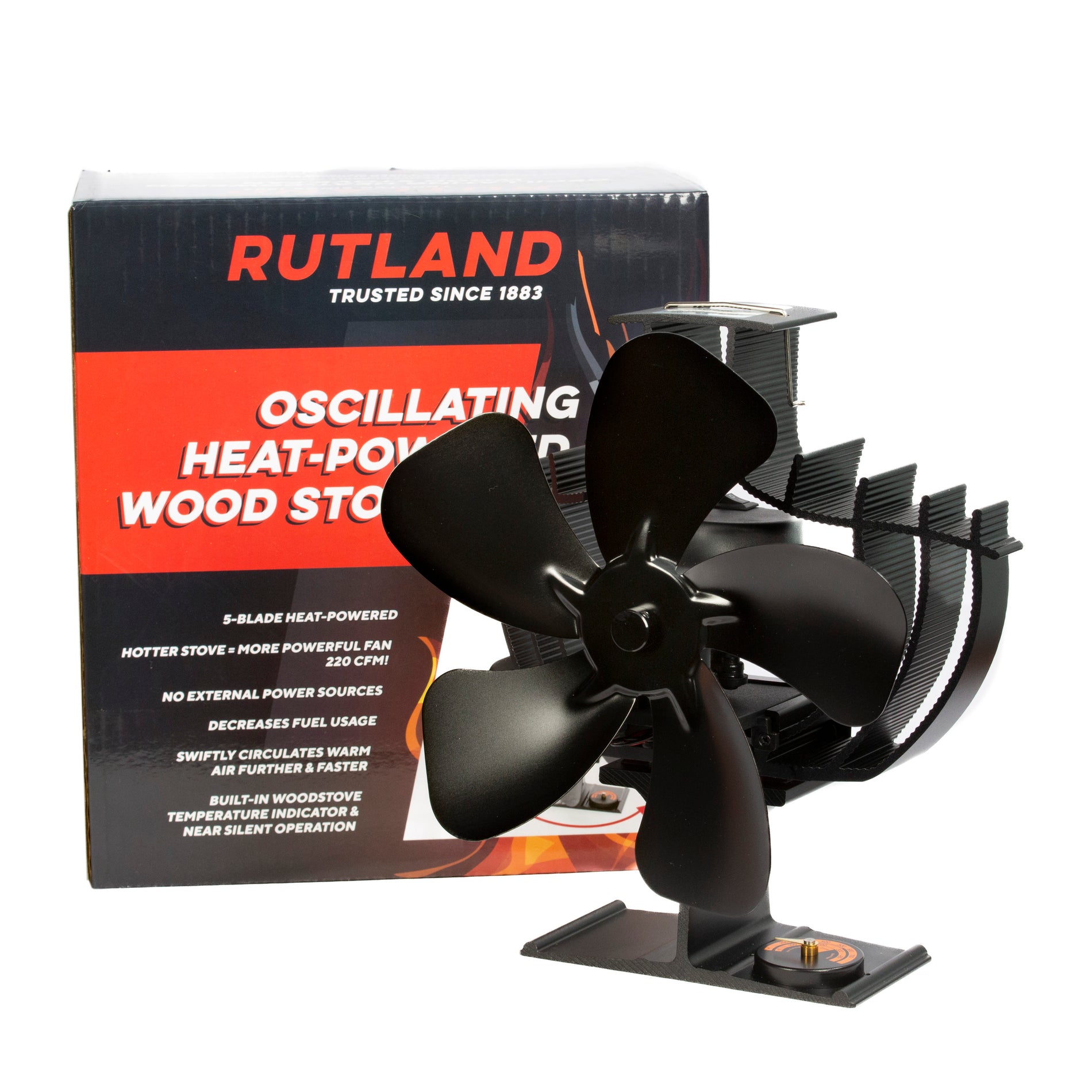 Oscillating Wood Stove Fan, 5-Blade Heat-Powered | RUTLAND